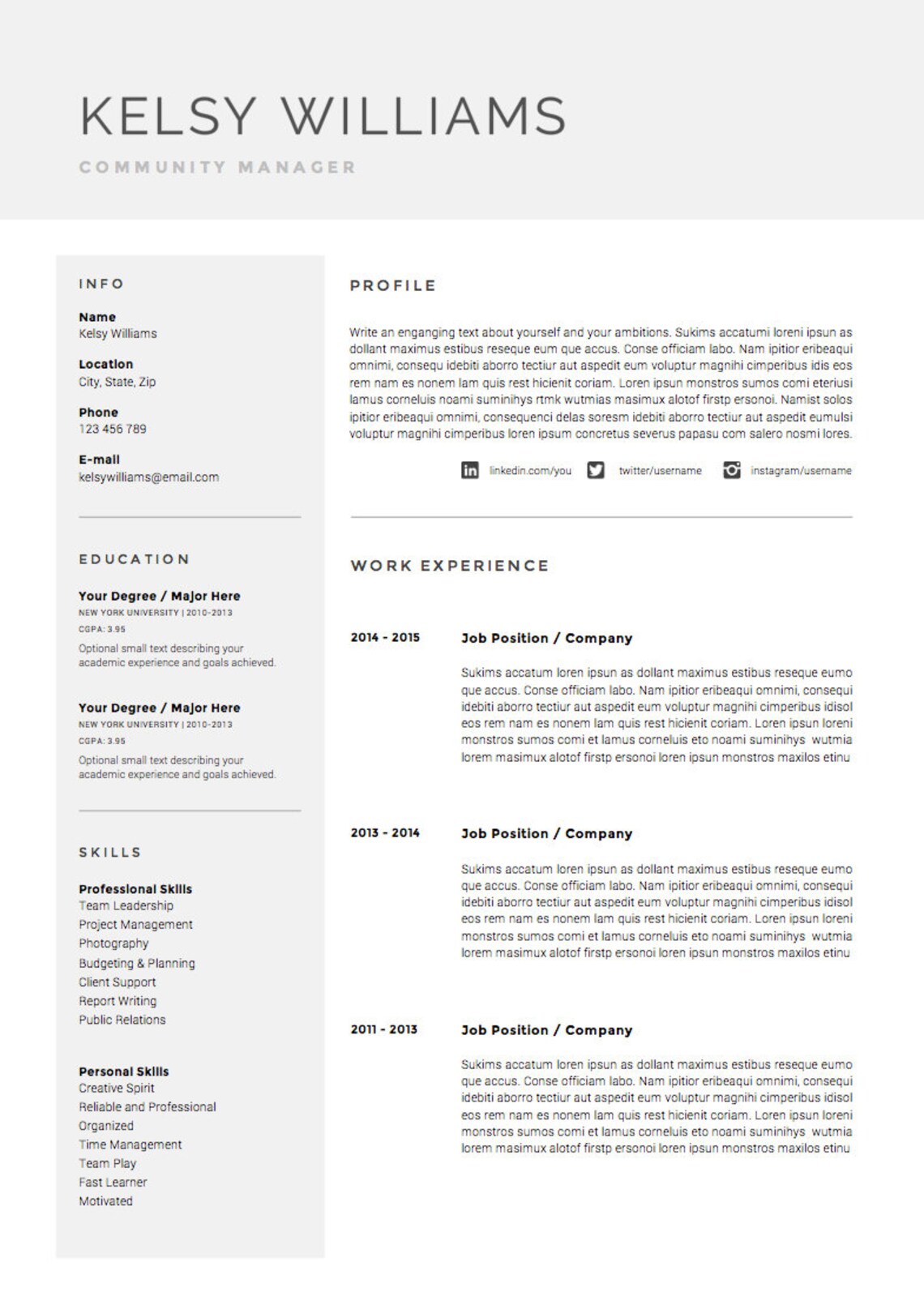 5 Page Resume Template / CV Template Pack + Cover Letter & References ...