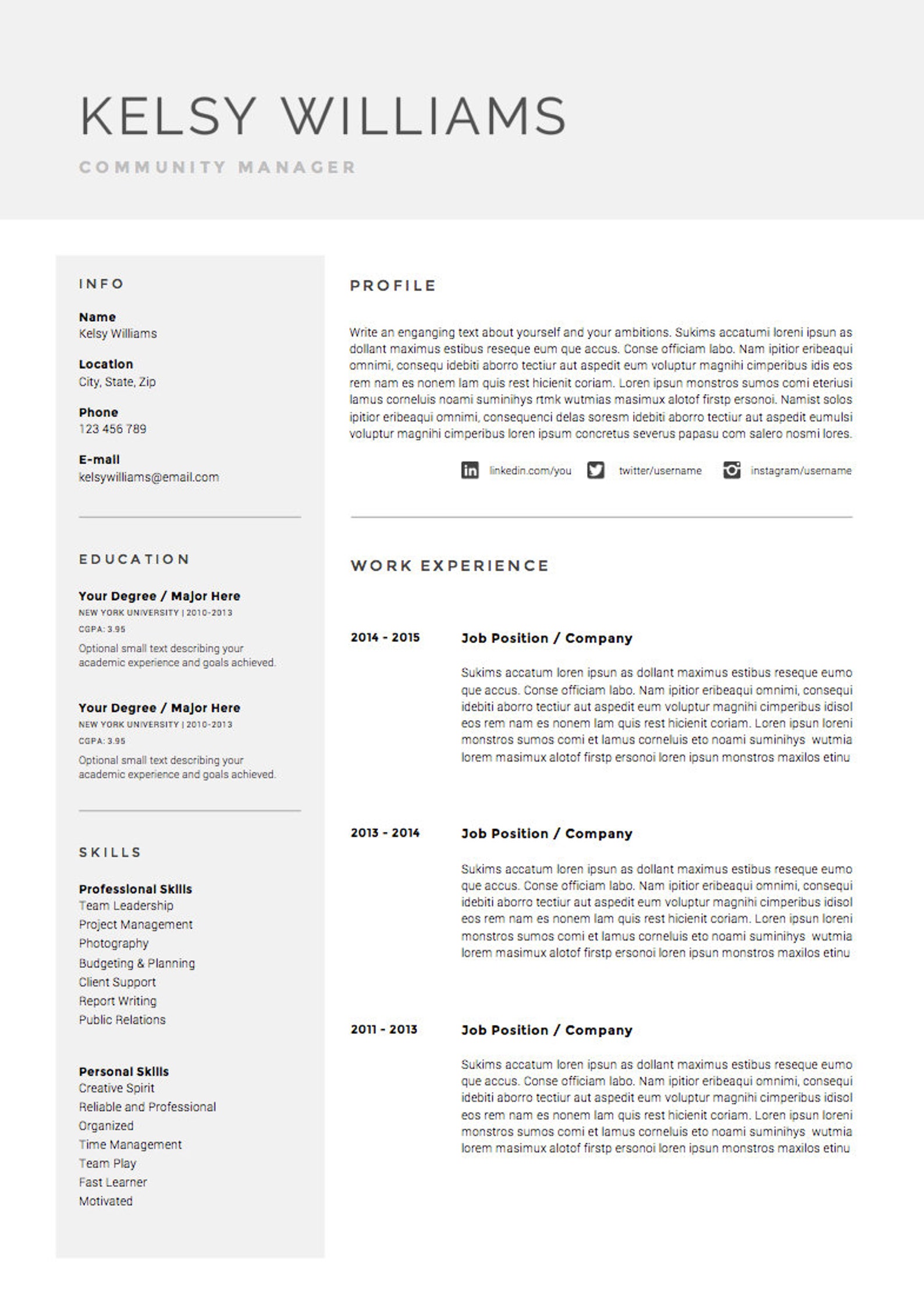 5 Page Resume Template / CV Template Pack + Cover Letter & References ...