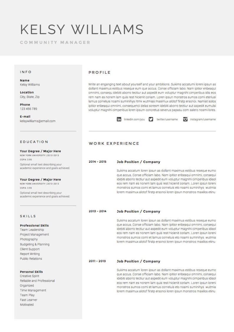 5 Page Resume Template / CV Template Pack Cover Letter & References for ...