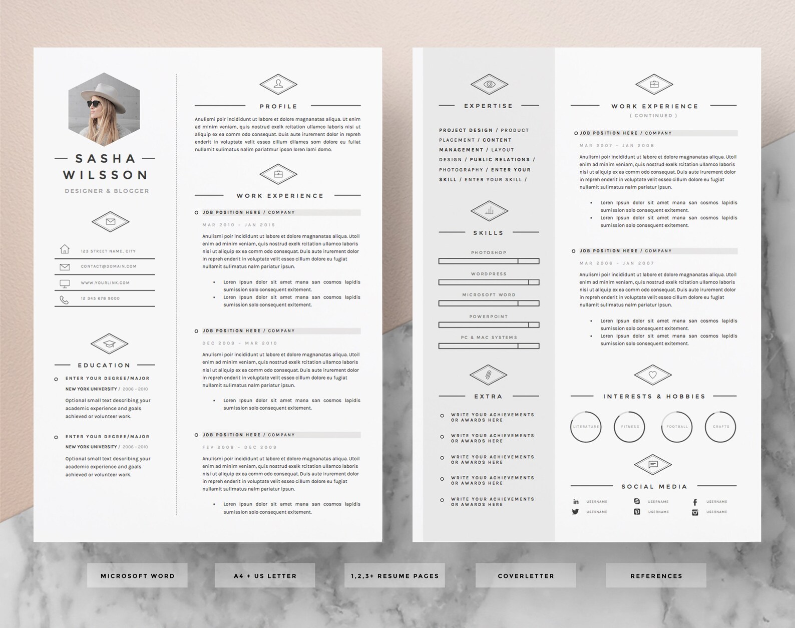 5 Page Resume Template / CV Template Pack Cover Letter for Word Icon ...