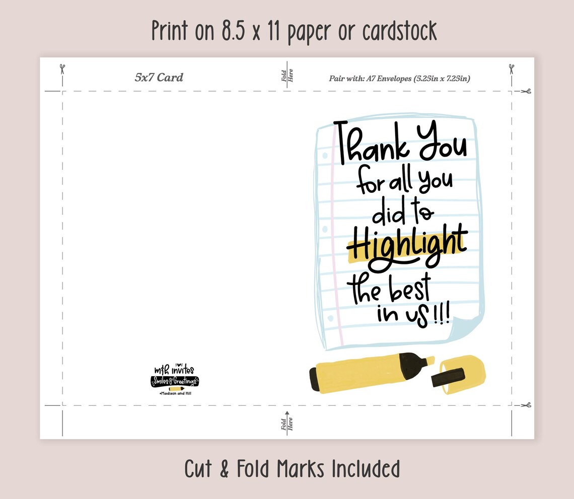 Printable End of Year Teacher Thank You Card From Class - Teacher ...