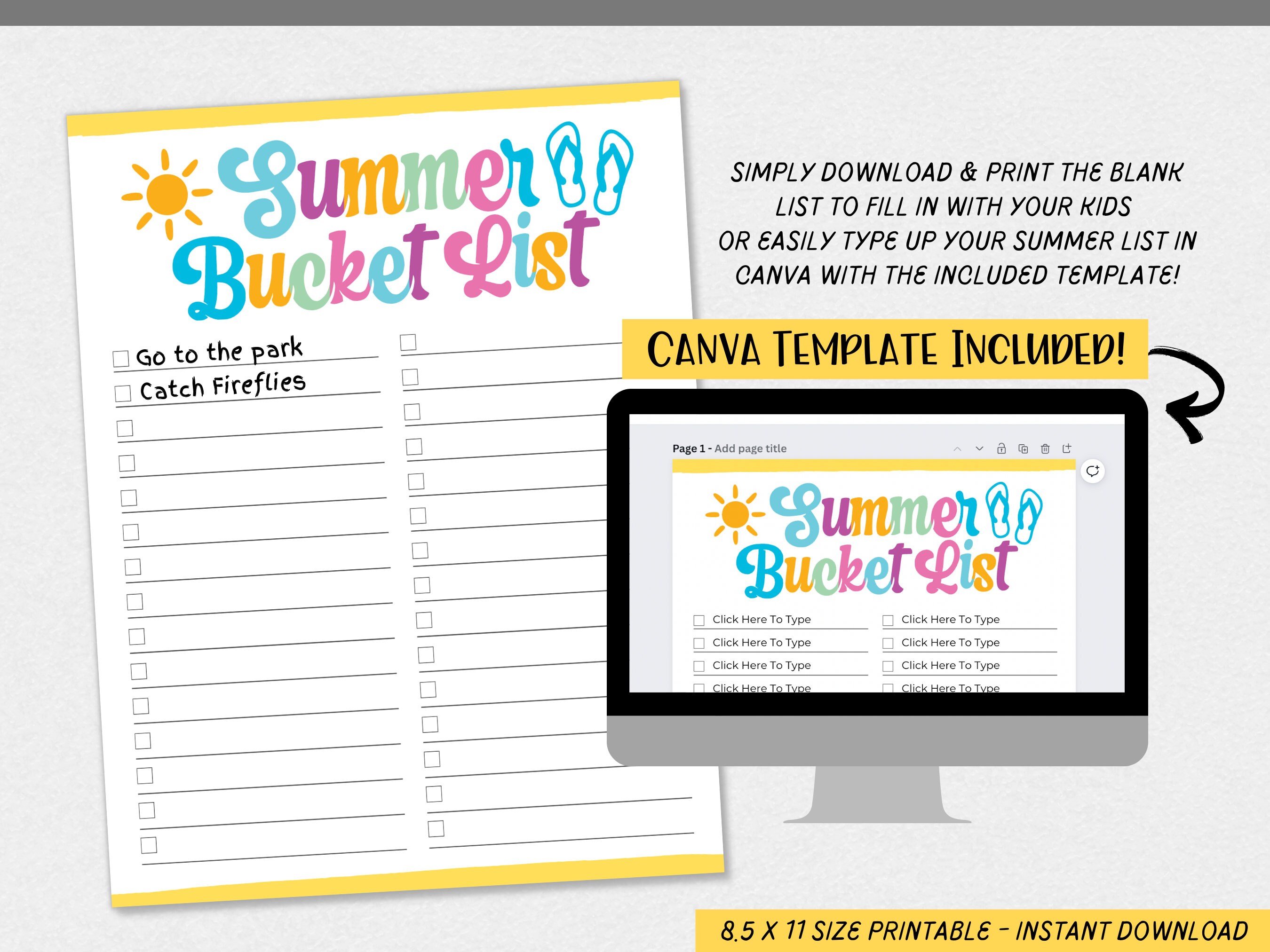 Summer Bucket List Printable - Instant Download - Print at Home Summer ...