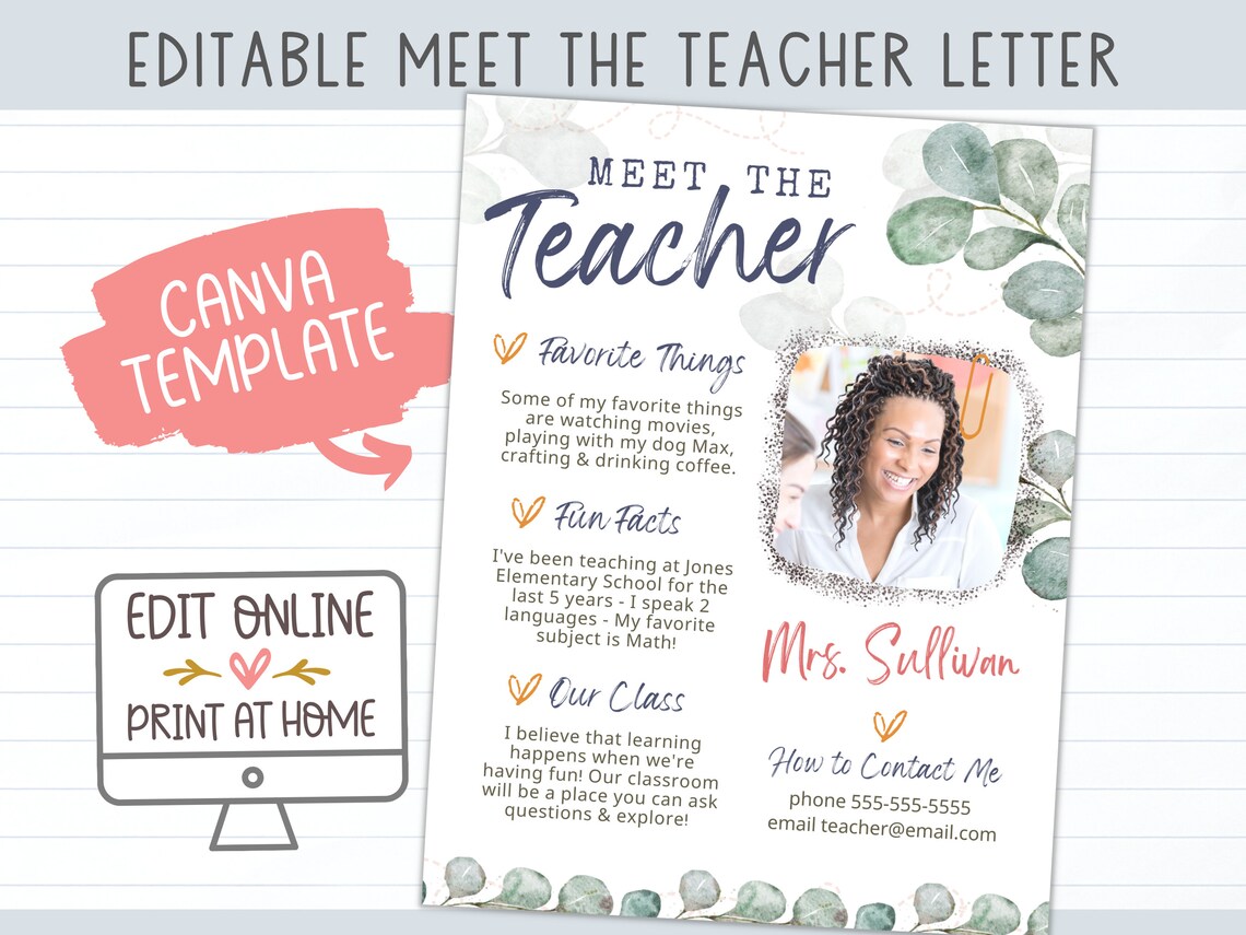 Meet the Teacher Editable Template, Greenery Watercolor Eucalyptus ...