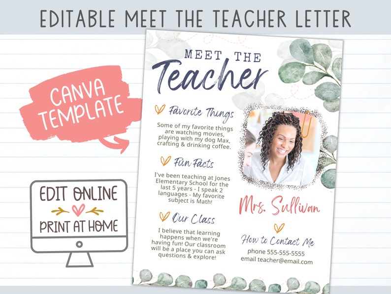 Meet the Teacher Editable Template, Greenery Watercolor Eucalyptus ...