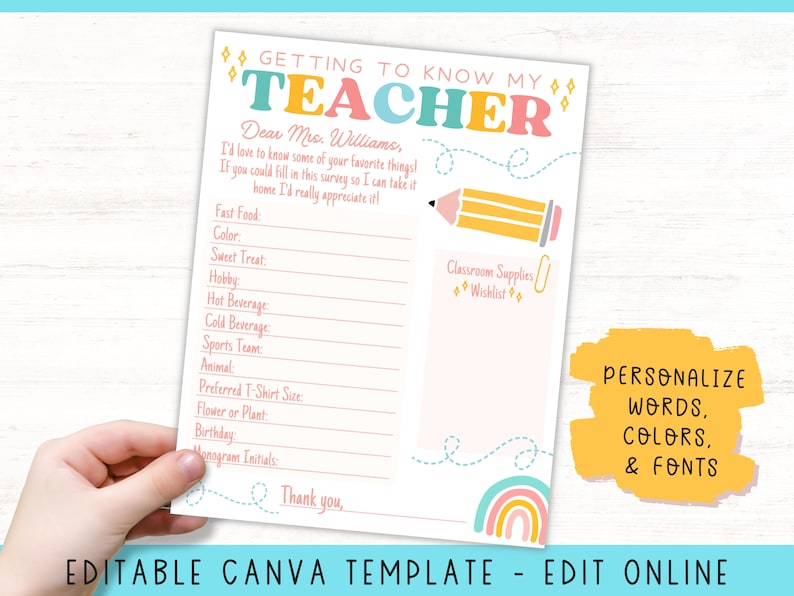 Favorites Teacher Survey - Editable Canva Template - Printable Back to ...