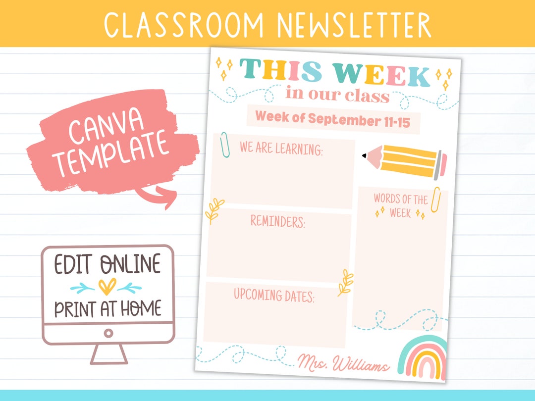 Classroom Newsletter Editable Template, Weekly or Monthly Teacher Note ...