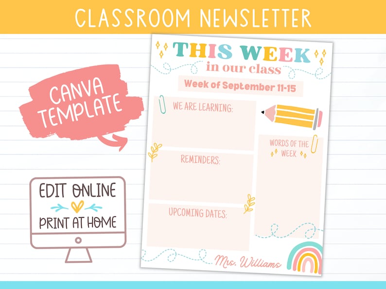 Classroom Newsletter Editable Template, Weekly or Monthly Teacher Note ...