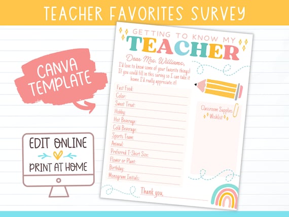 Favorites Teacher Survey Editable Canva Template Printable - Etsy
