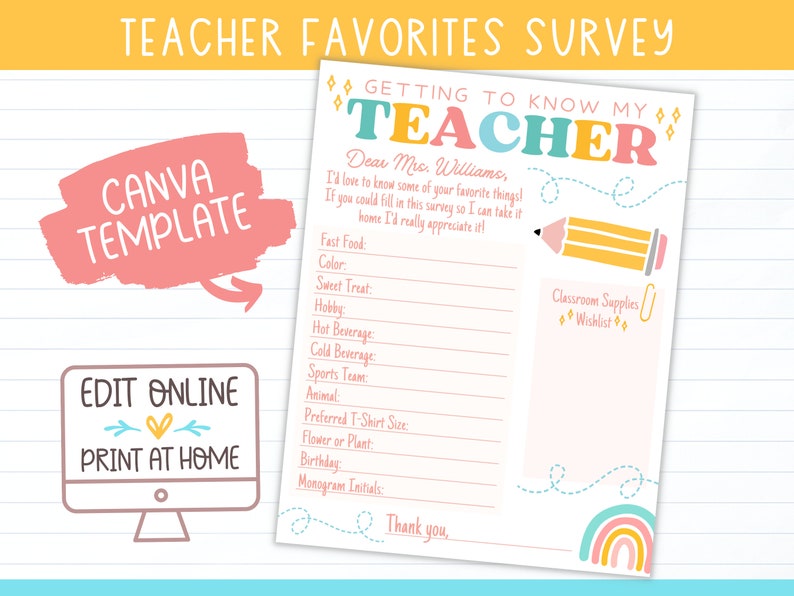 Favorites Teacher Survey - Editable Canva Template - Printable Back to ...