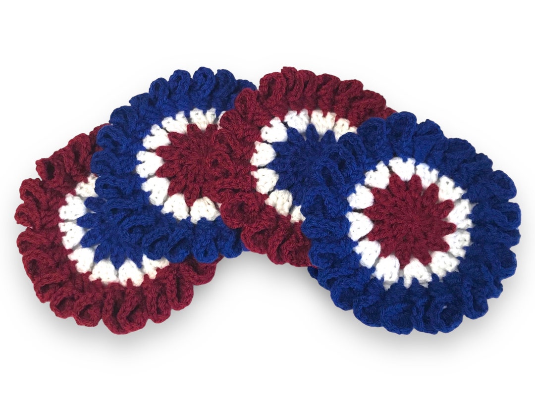 USA COASTER SET 4 / Crochet Big Flower Coaster in Red, White and Blue ...