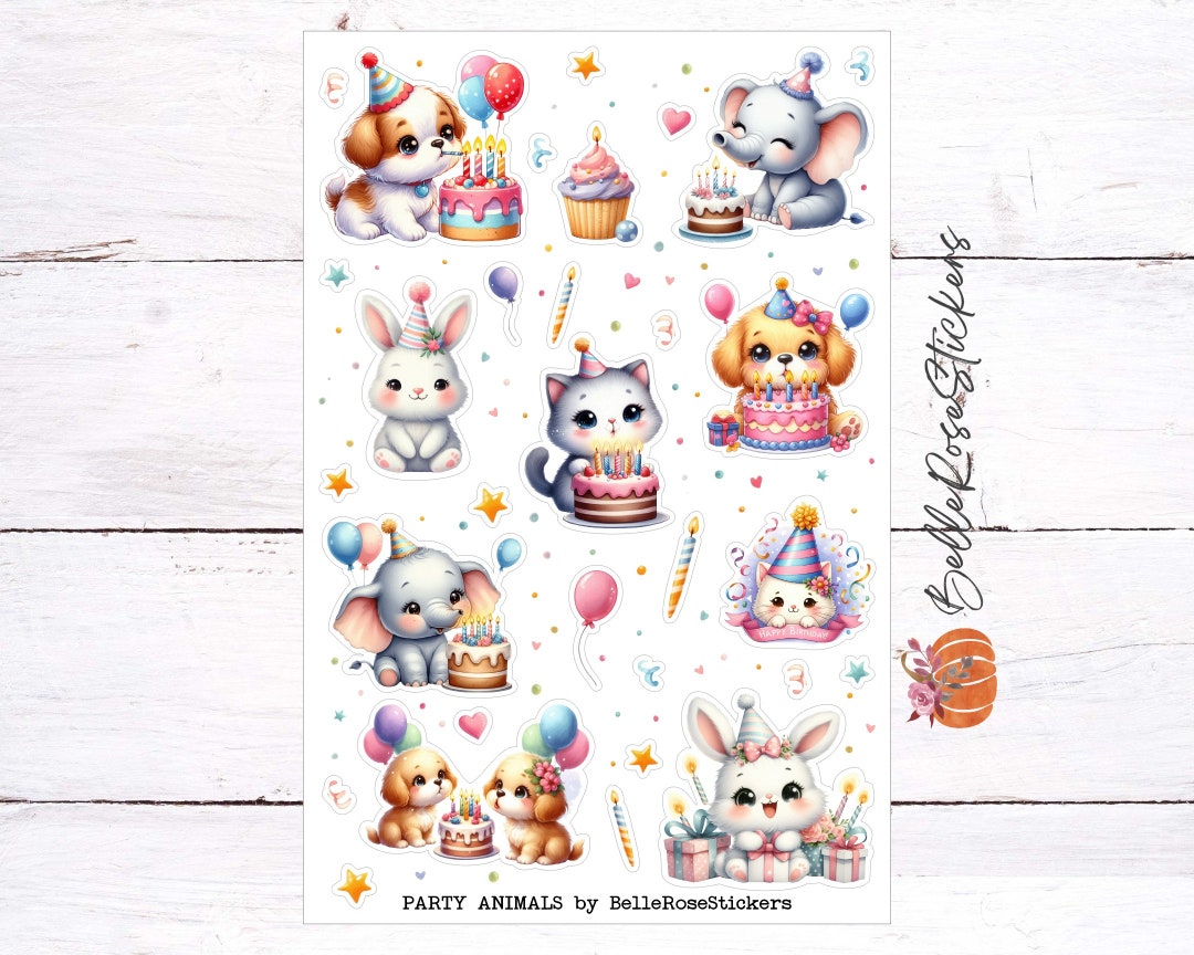 Party Animals Birthday Cake and Candles Bujo Planner Stickers Bullet ...