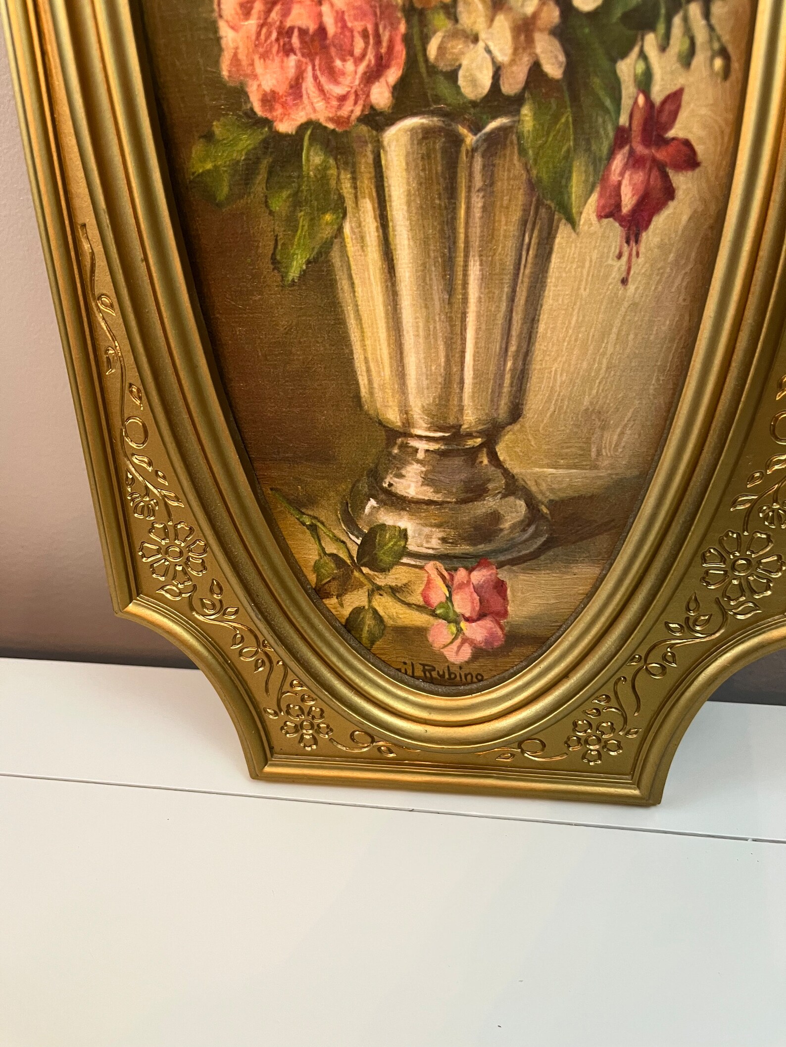 Mid Century 1964 Cecil Rubino Gold Frame and Painted Floral Vase Art ...