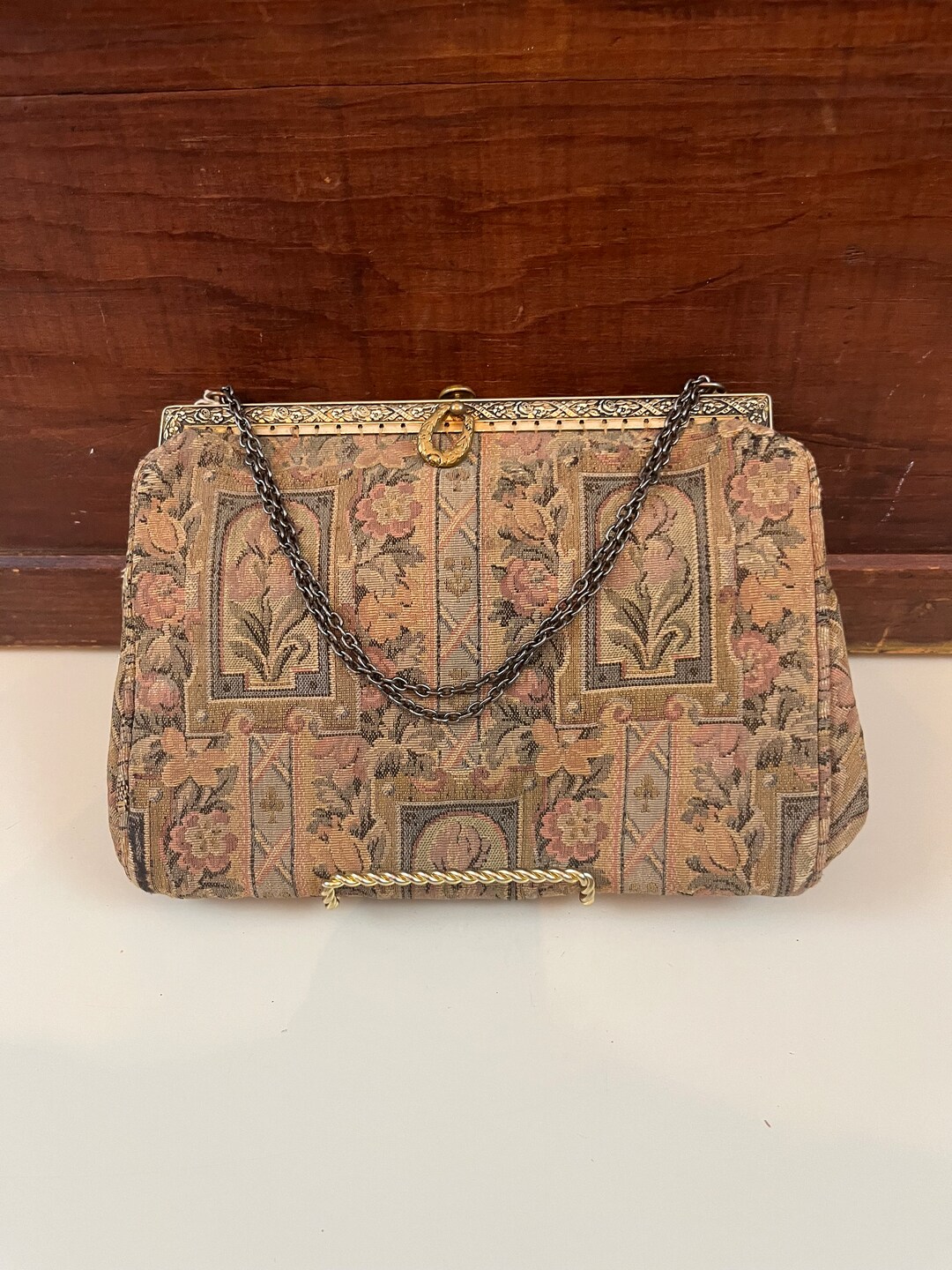 Vintage Climbing Rose Tapestry Purse Horseshoe Press Button Clasp Gold ...