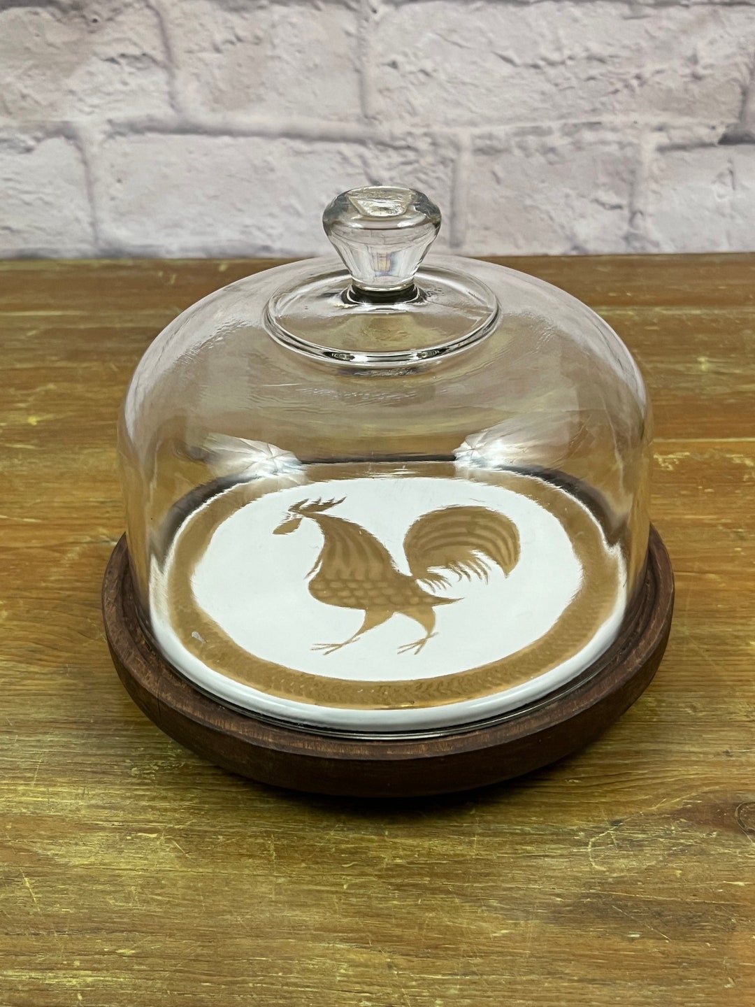 Vintage Goodwood Golden Rooster Cheese Plate Wood and Glass Lid Mid ...