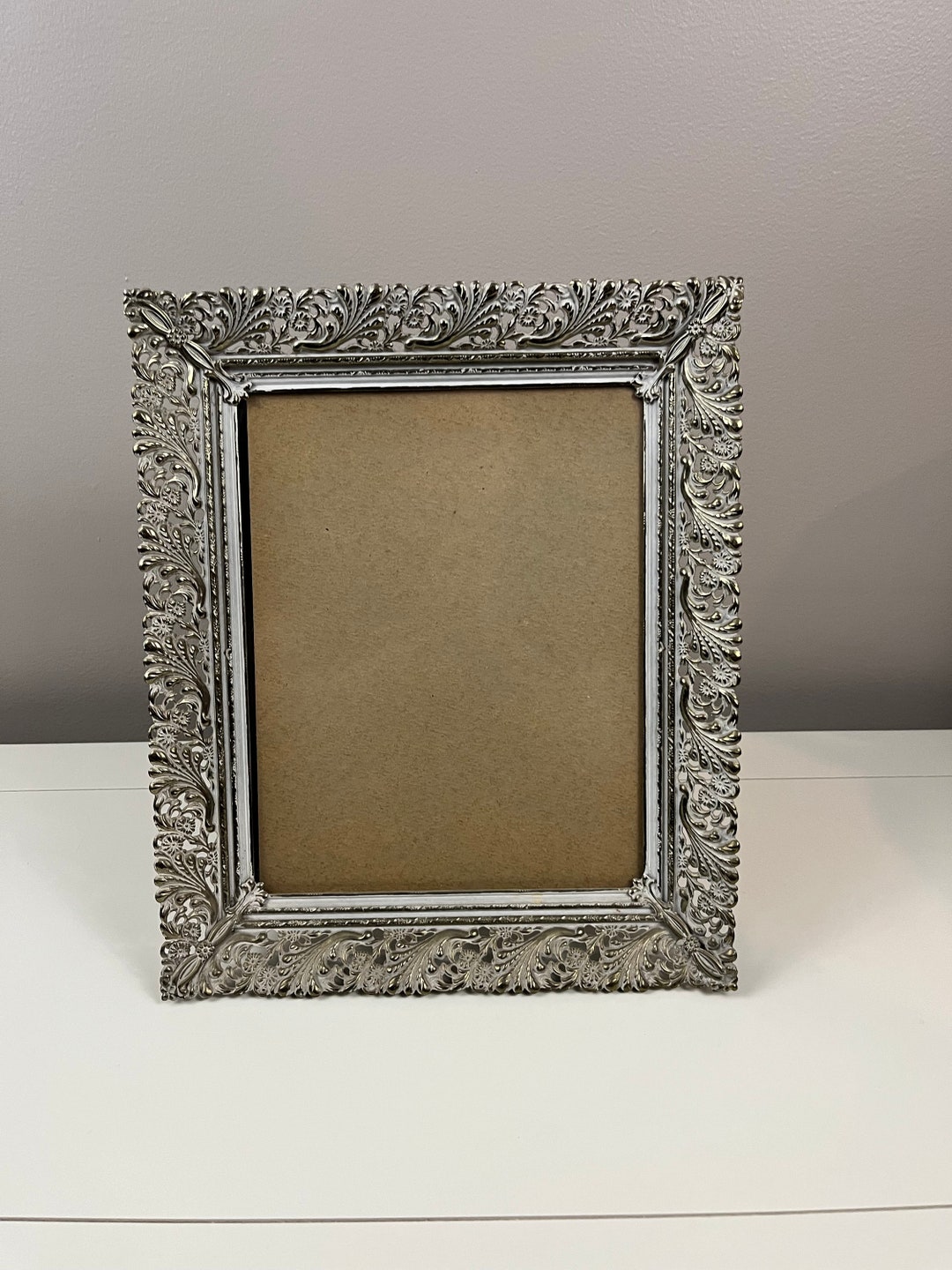 Large Table Top Filigree Picture Frame White Brushed Gold Stand up ...