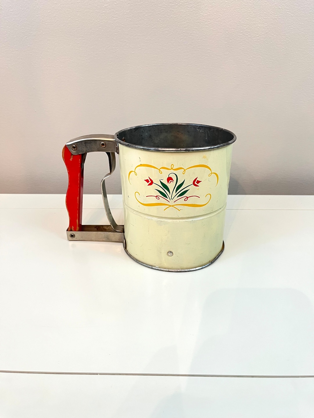 Vintage Metal Flour Sifter Floral Country Style Red Wood Handled ...
