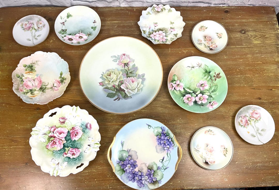 Antique Hand Painted Rose Wall Plates Cabinet Plates Bavaria Shabby ...