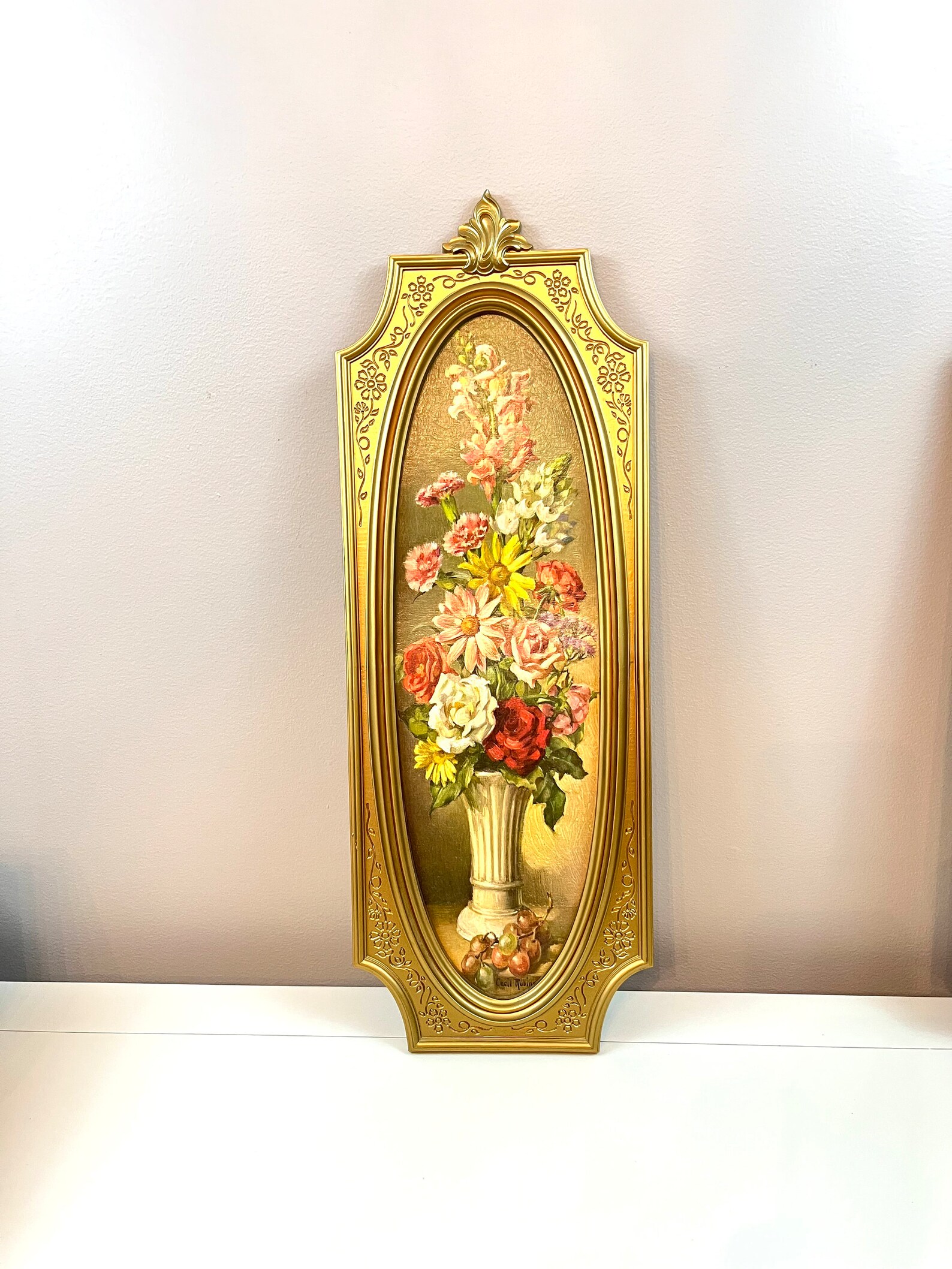 Mid Century 1964 Cecil Rubino Gold Frame and Painted Floral Vase Art ...