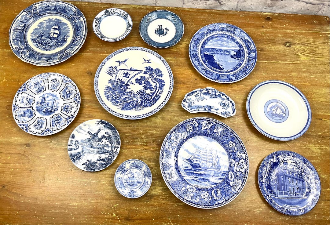 Vintage Antique Nautical Themed Blue White Transferware Plates ...