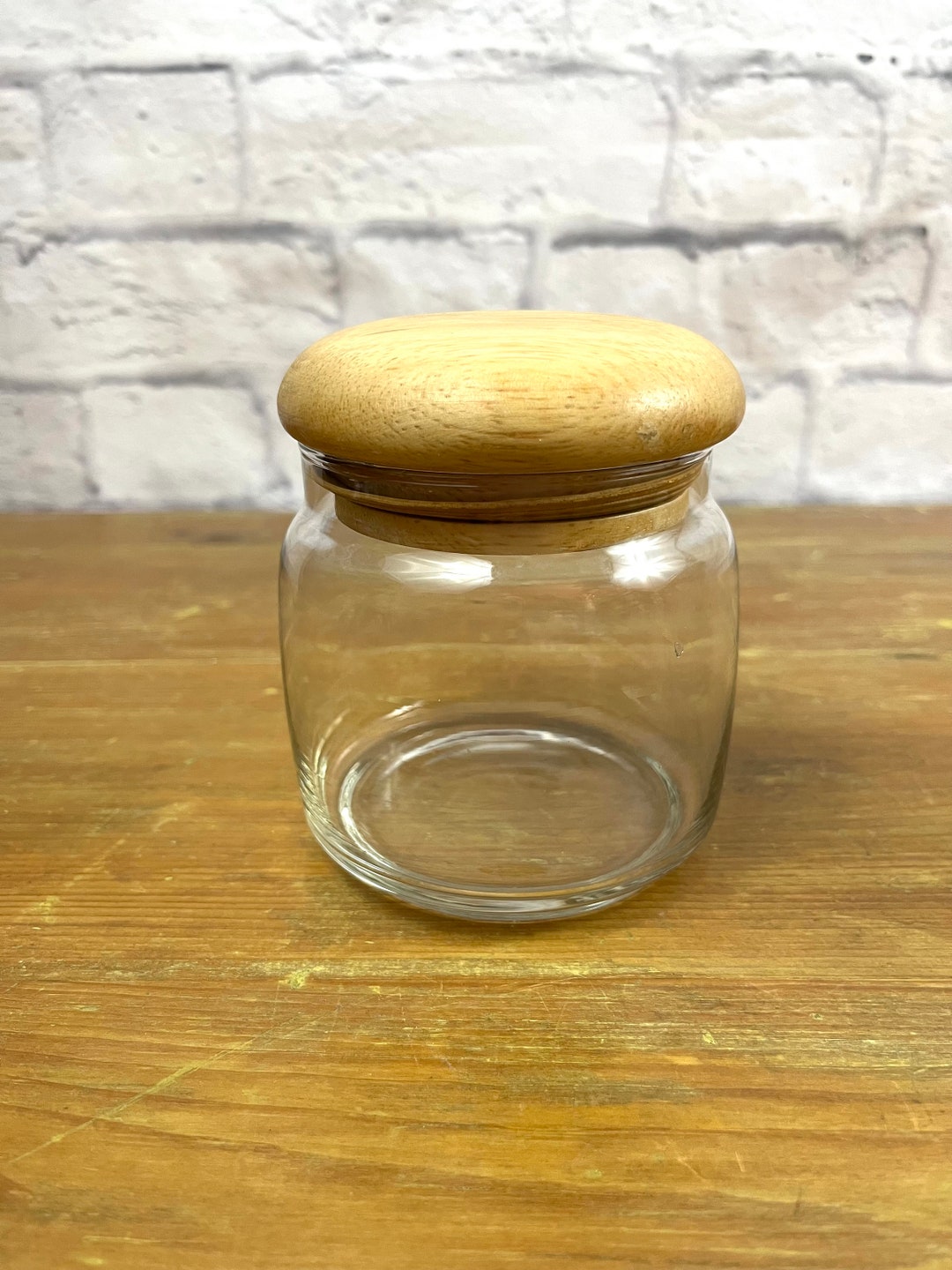 Vintage Wood Mushroom Top Glass Jar Kitchen Storage "good Things Notes ...