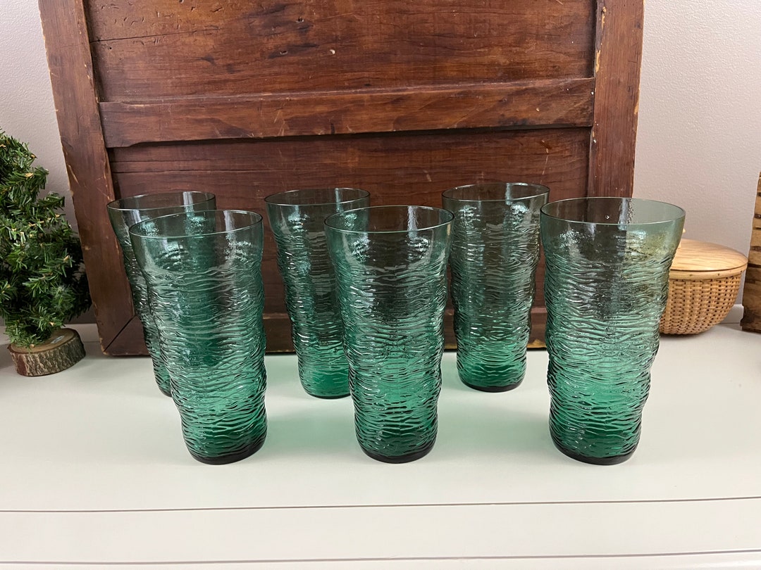 Vintage Green Wavy Glass Tall Tumblers Ocean Green Colored Set Of 6 Water Glasses 20 Oz Drink