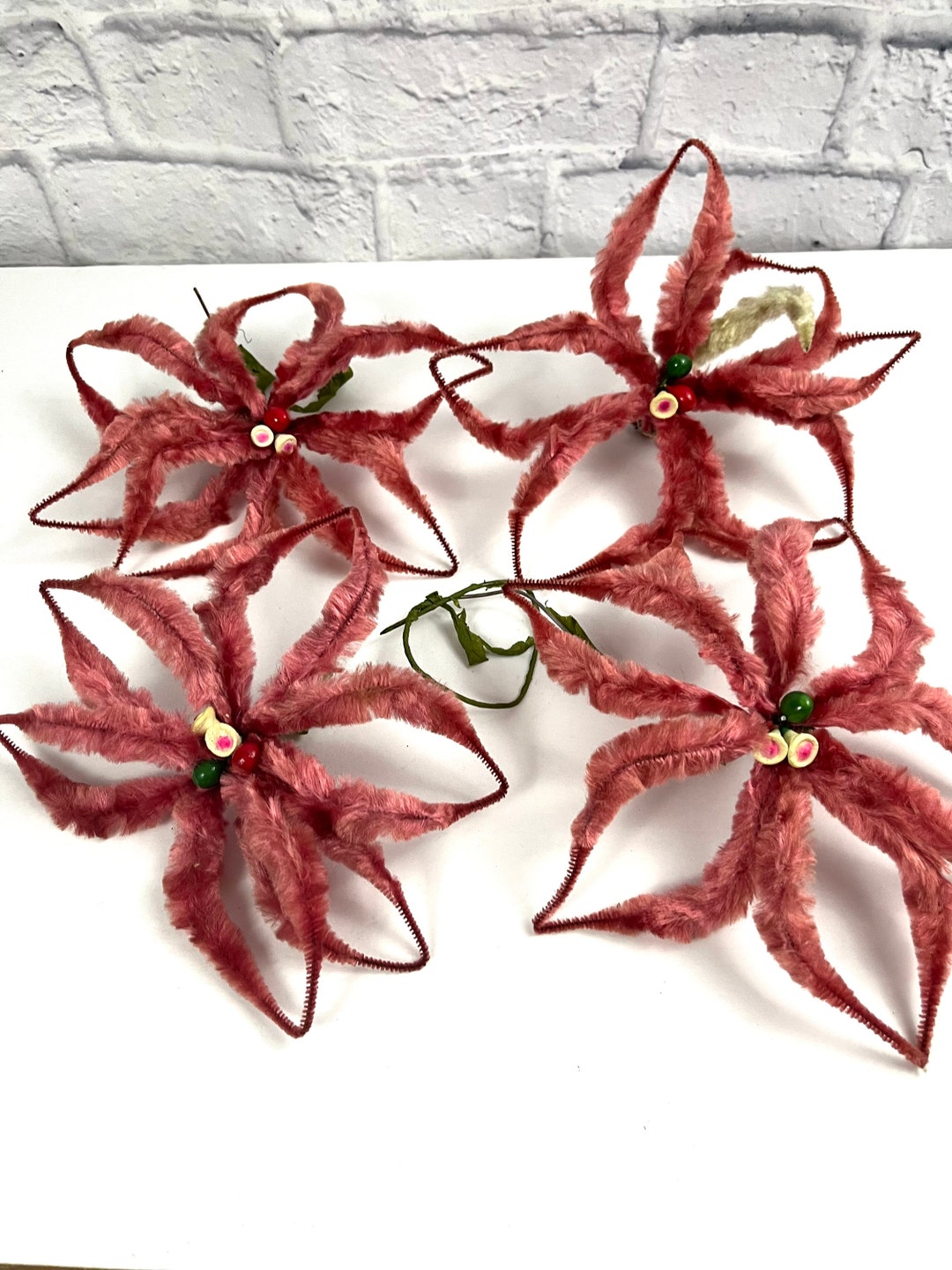 Vintage Chenille Pipe Cleaner Poinsettia Flowers Wire Christmas ...