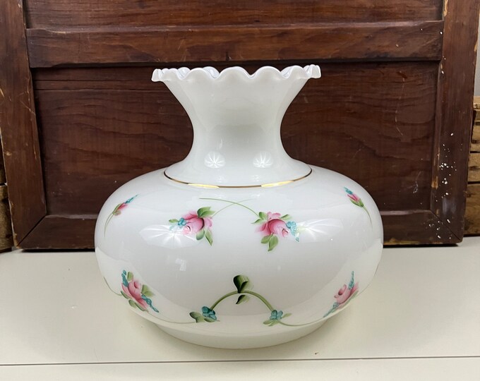 Vintage Large White Glass Lamp Shade Hand Painted Roses Ruffle Edge Top ...