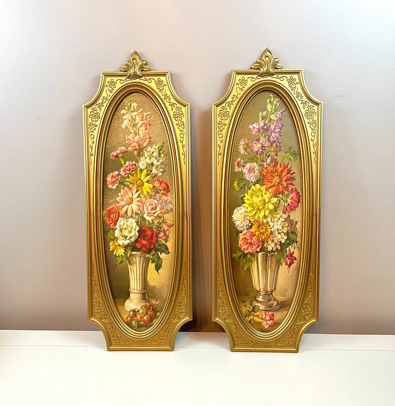 Mid Century 1964 Cecil Rubino Gold Frame and Painted Floral Vase Art ...