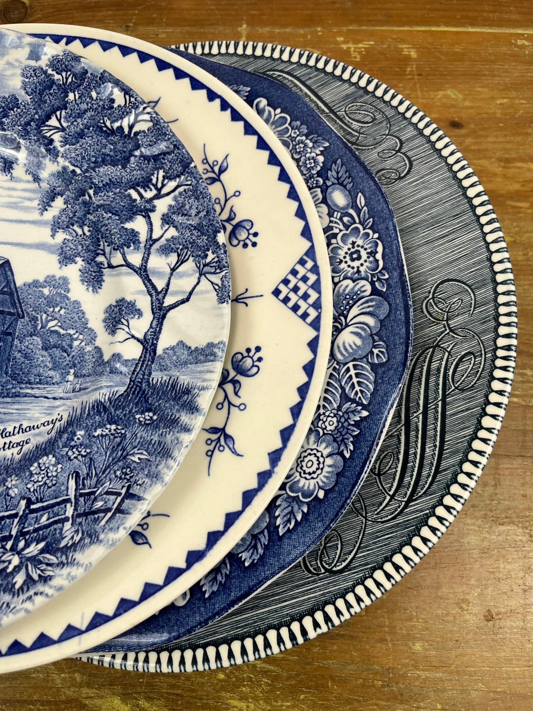 Vintage Mismatched Blue & White Transferware Plate Set Viking Plate ...