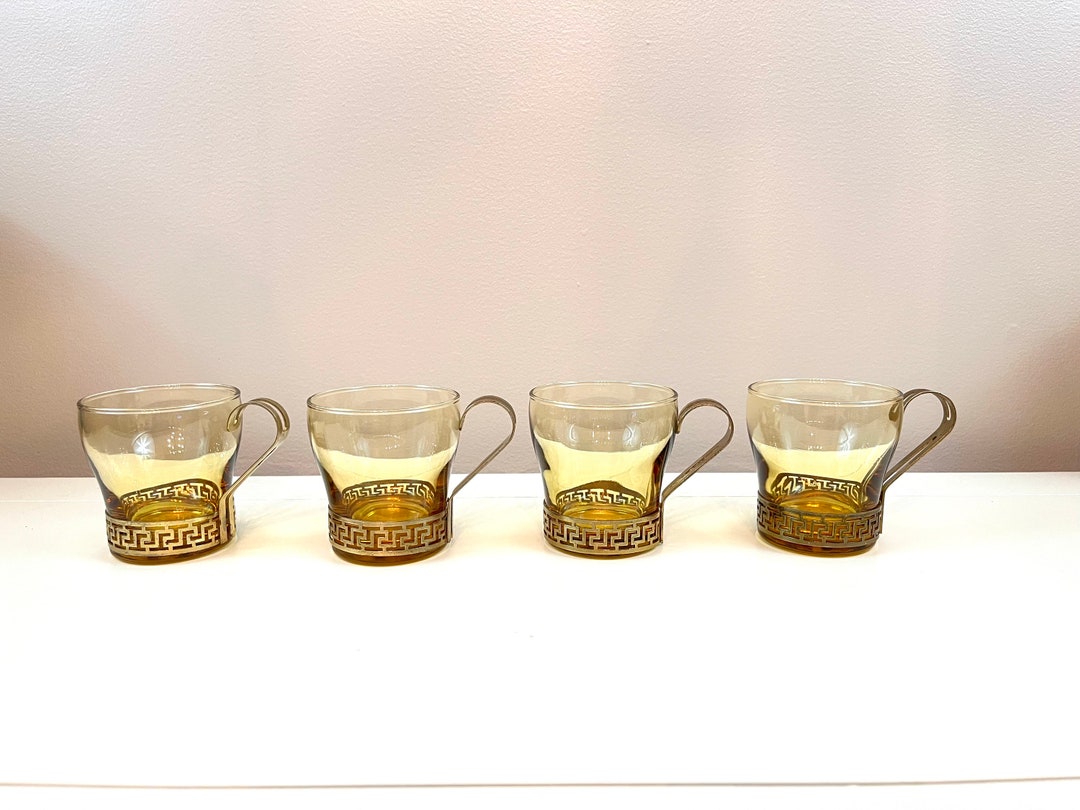 Vintage Libby Continental Coffee Cups Libbey Amber Glass & Metal Greek ...