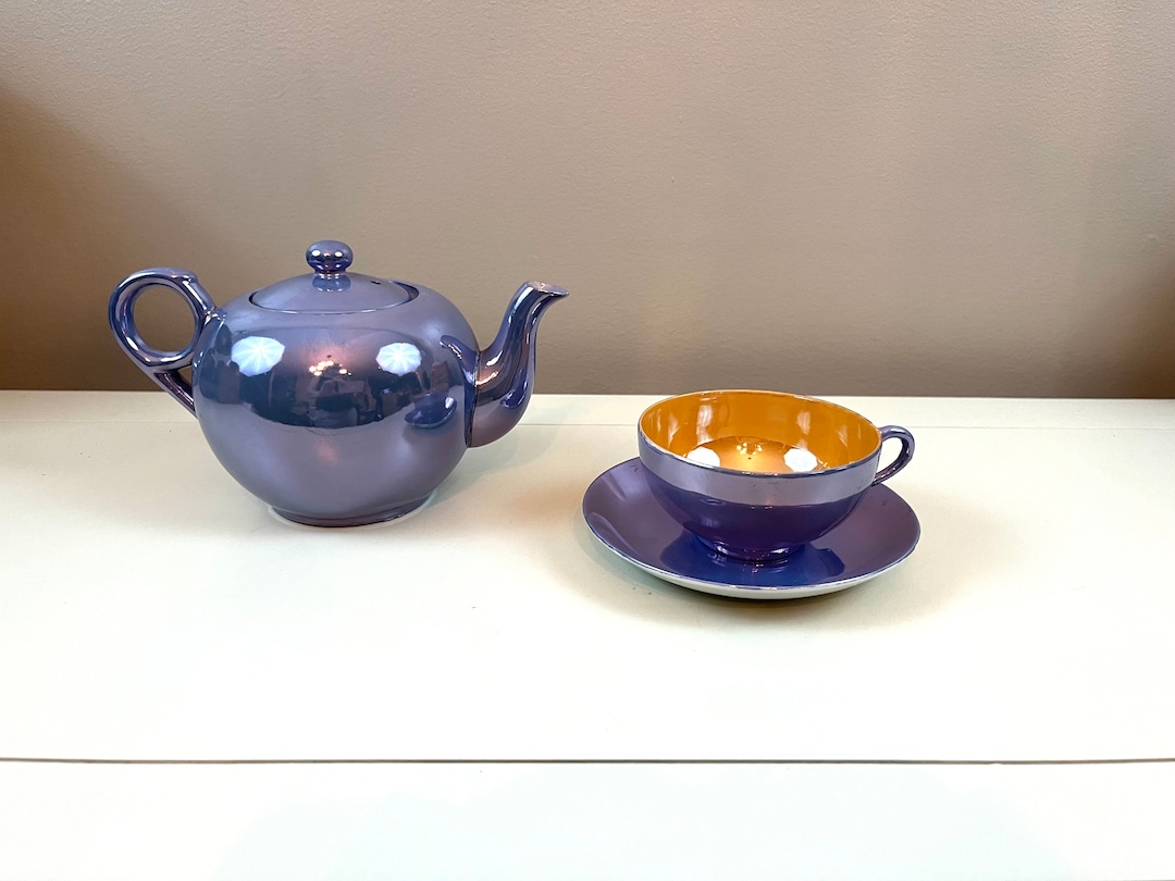 Vintage Japanese Lusterware Teapot & Teacup Single Serving Lavender and ...