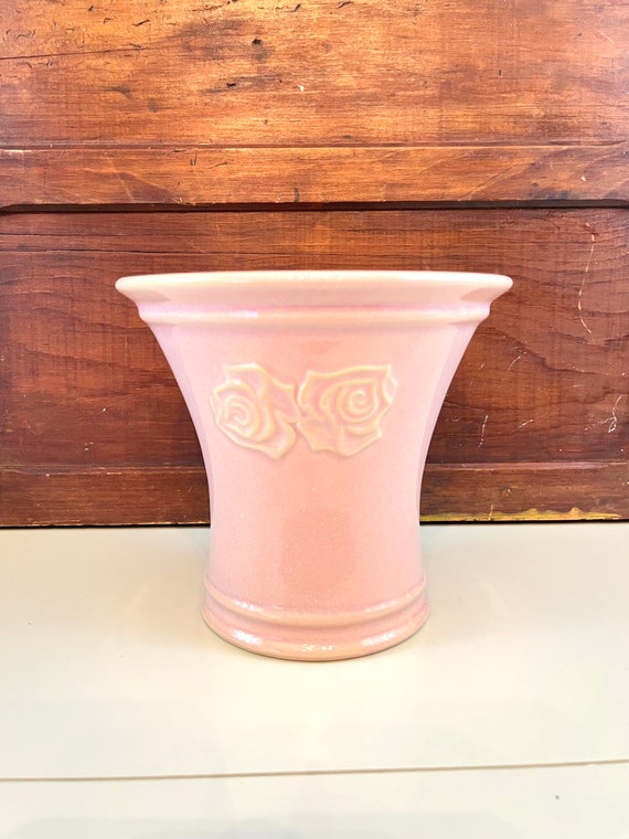 Vintage Solid Pink Ceramic Wide Mouth Vase Embossed Roses - Etsy