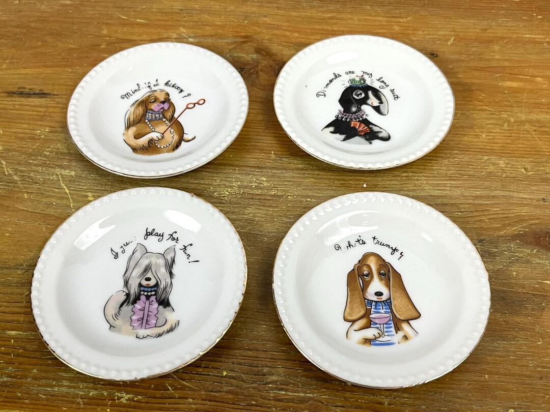 Vintage Dogs Playing Cards Set of 7 Tip Plates Side Plates Ladies Card ...