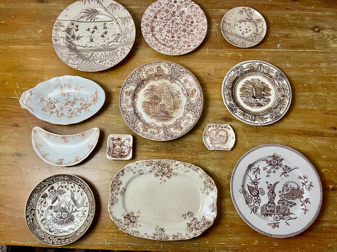 Antique Brown Transferware Plates Various Patterns Wedgwood Gilda ...
