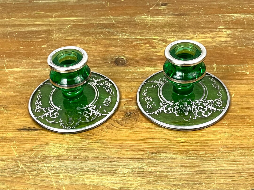Depression Glass Era Green Glass and Silverplate Scroll Candlestick ...