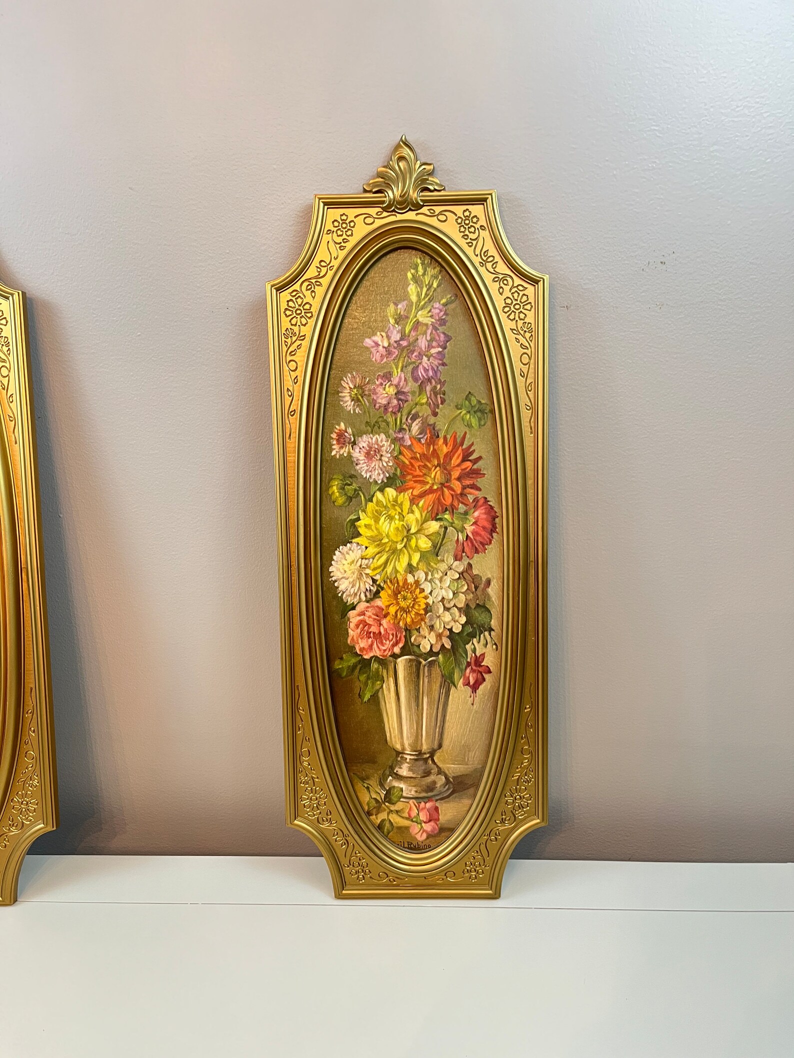 Mid Century 1964 Cecil Rubino Gold Frame and Painted Floral Vase Art ...