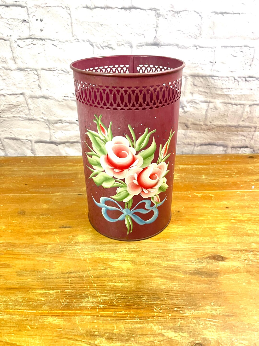 Vintage Hand Painted Roses Metal Waste Bin Burgundy Red Wolff Products ...