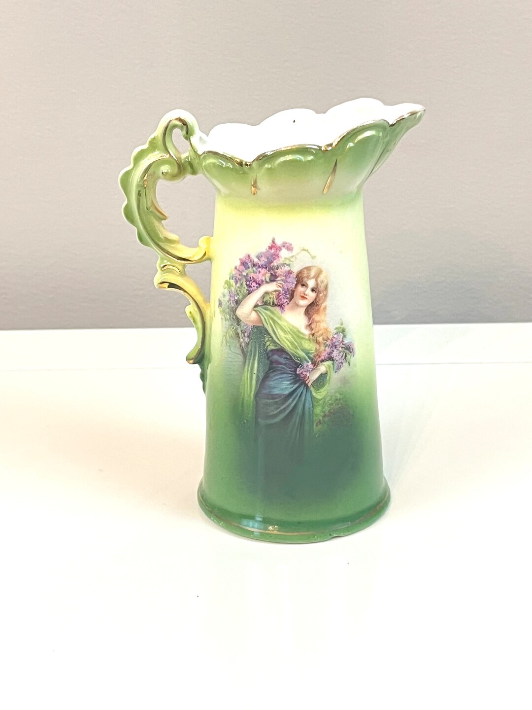 Lovely Maiden With Lilacs or Wisteria Pitcher Mini Vase Garden Style ...