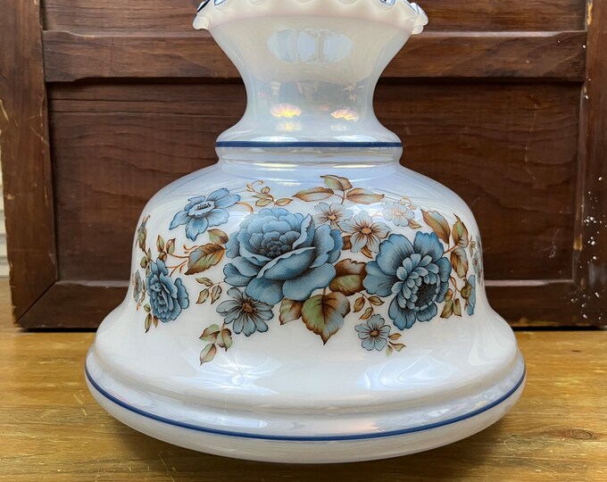 Vintage Large White Glass Lamp Shade Blue Roses Ruffle Edge Top ...