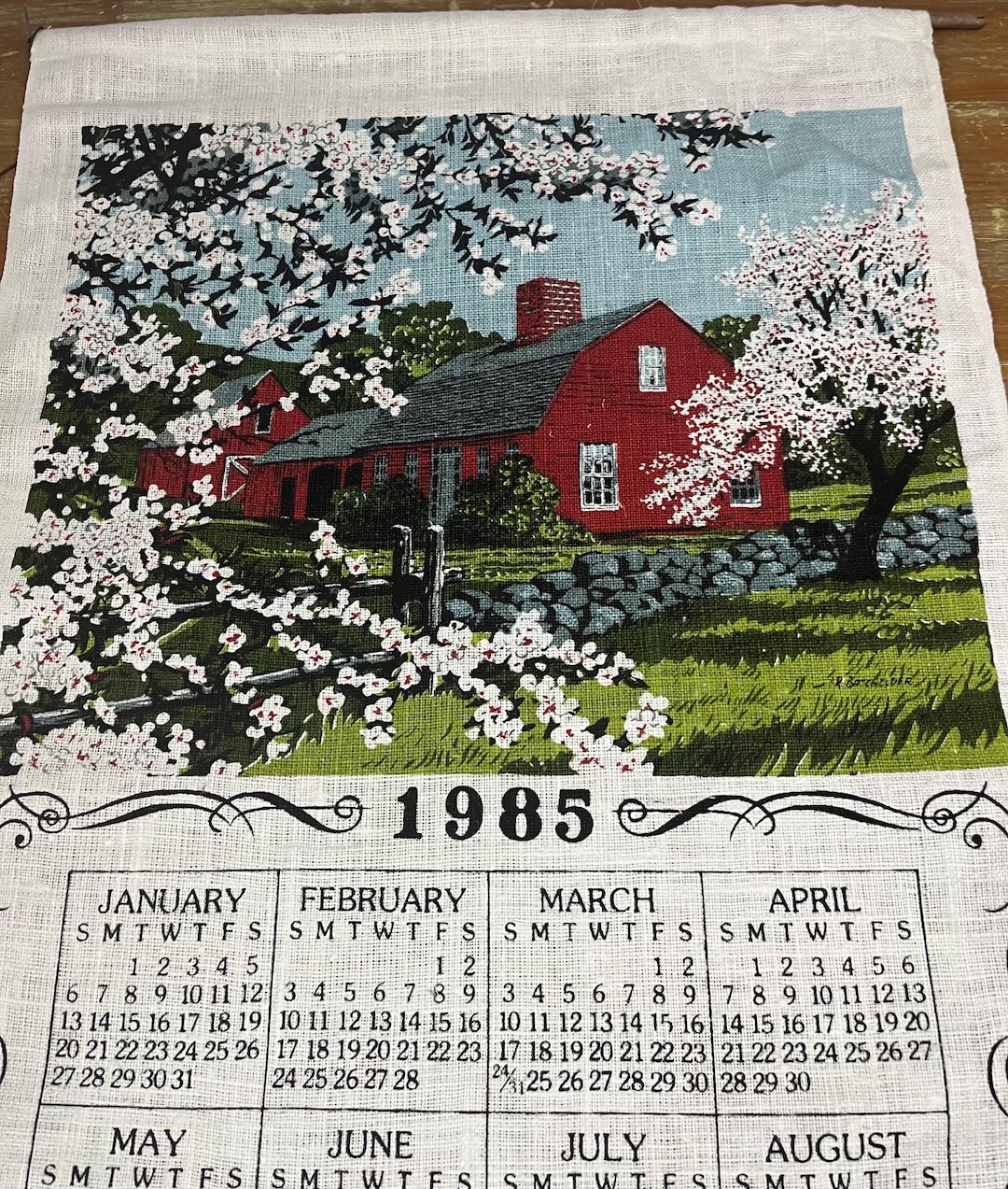 Vintage 1985 Calendar Linen Tea Towel Birth Year Gift Anniversary Gift ...