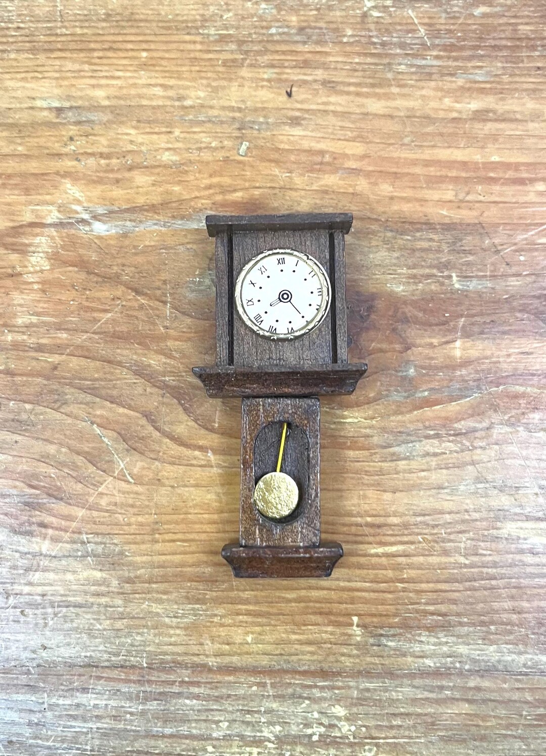 Vintage Miniature Dollhouse Wood Pendulum Wall Clock Grandfather Clock ...