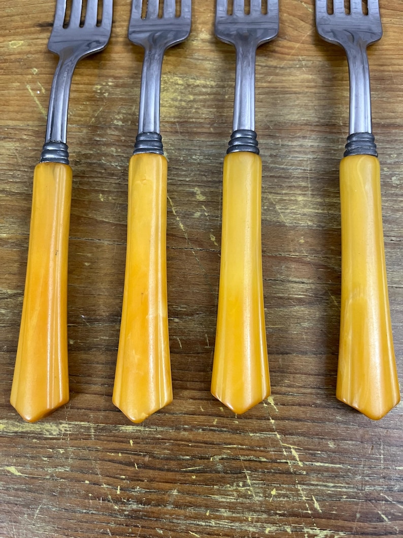 Vintage Butterscotch Bakelite Stainless Flatware Dinner Forks or Place ...