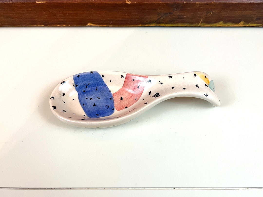 Retro 80s Spoon Rest Blue & Pink Guyroc Stoneware Black Brush Mark ...