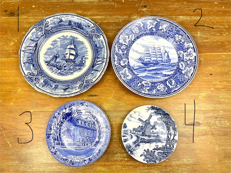 Vintage Antique Nautical Themed Blue White Transferware Plates ...