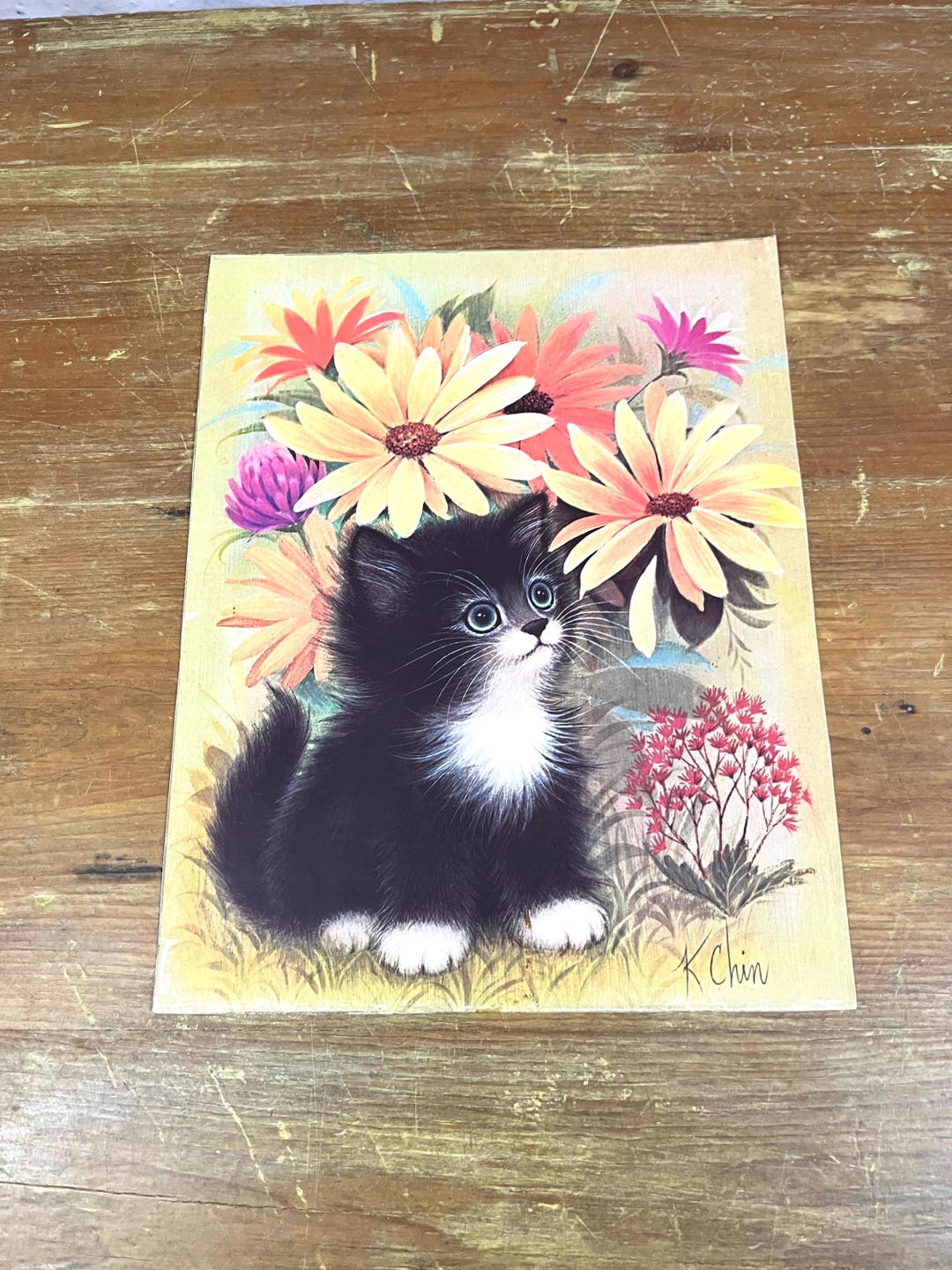 Vintage 70s K. Chin Kitten Print Black & White Cat With Flowers Wall ...