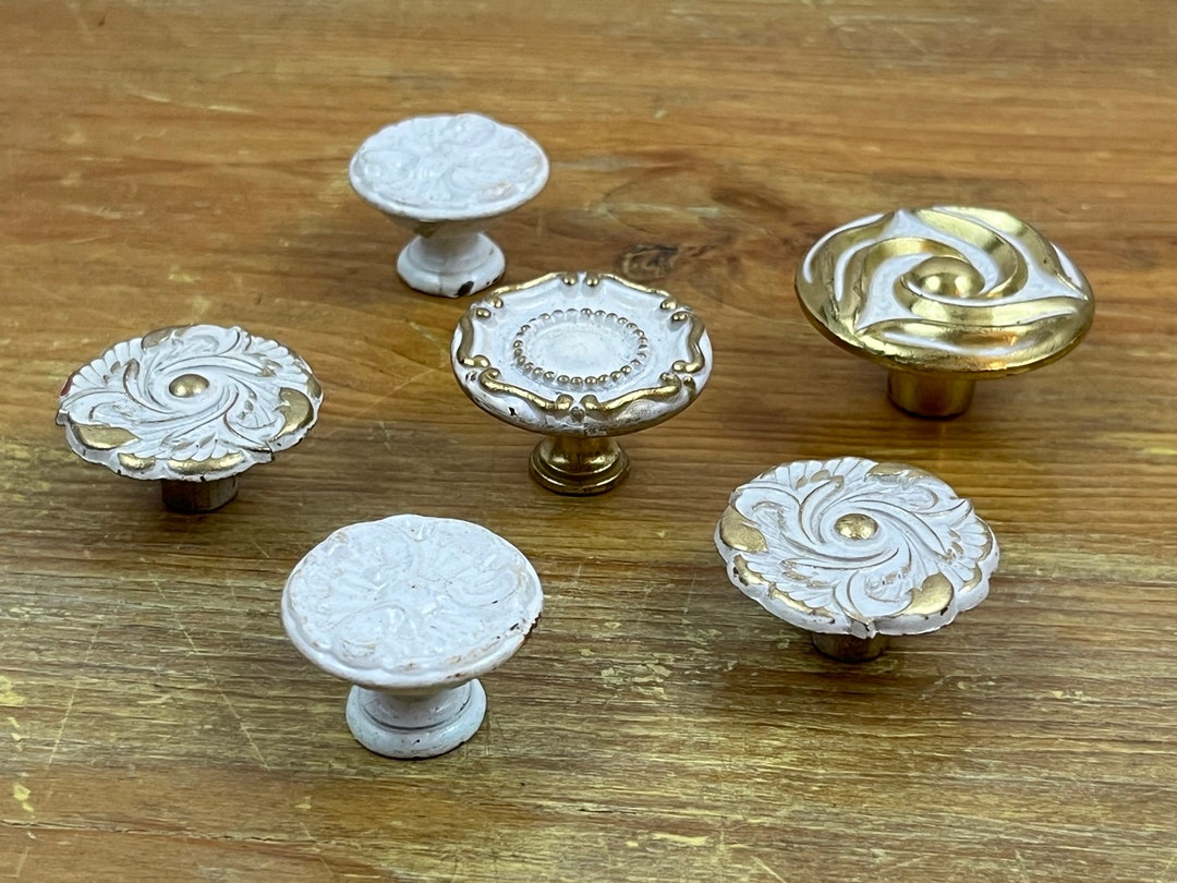 Vintage White and Gold Drawer Knobs Mismatched Drawer Pulls Upcycle ...