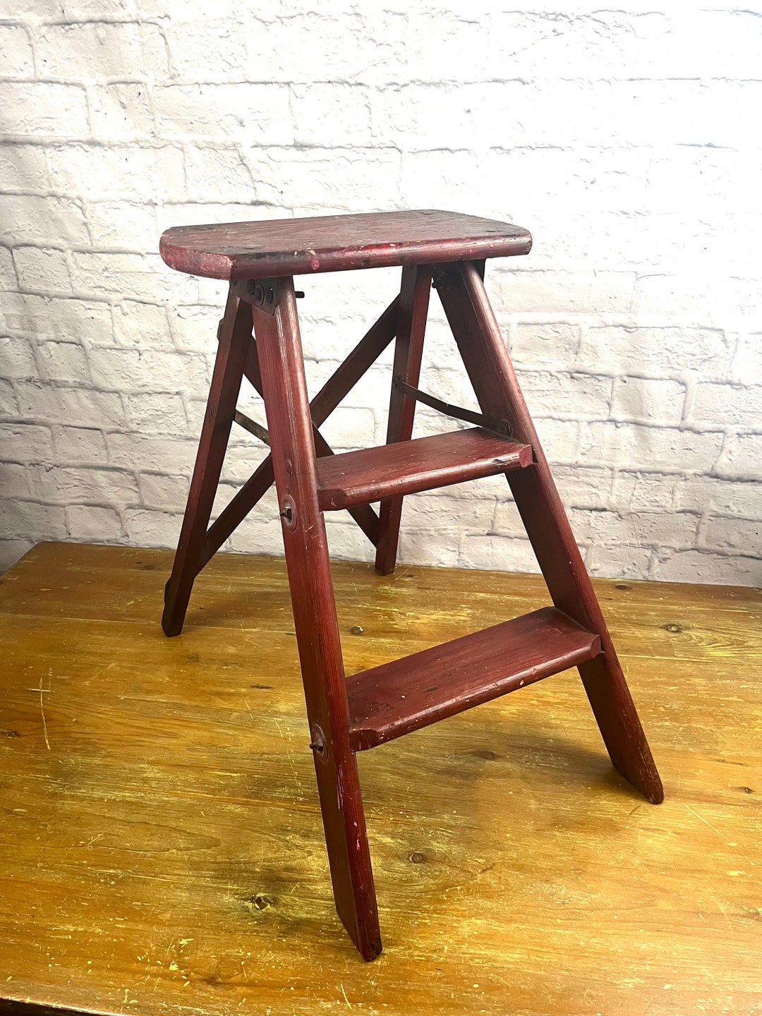 Vintage Wood Red Step Ladder Three Step Stool Photo Shoot Decor ...