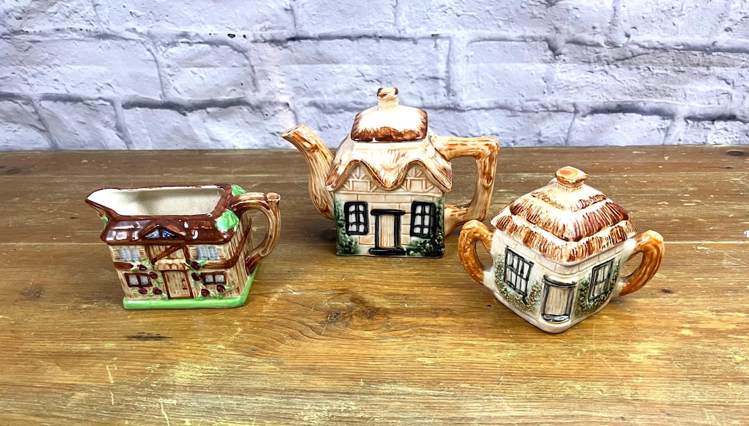 Mid Century Cottageware English Cottage House Tea Set Teapot Creamer ...