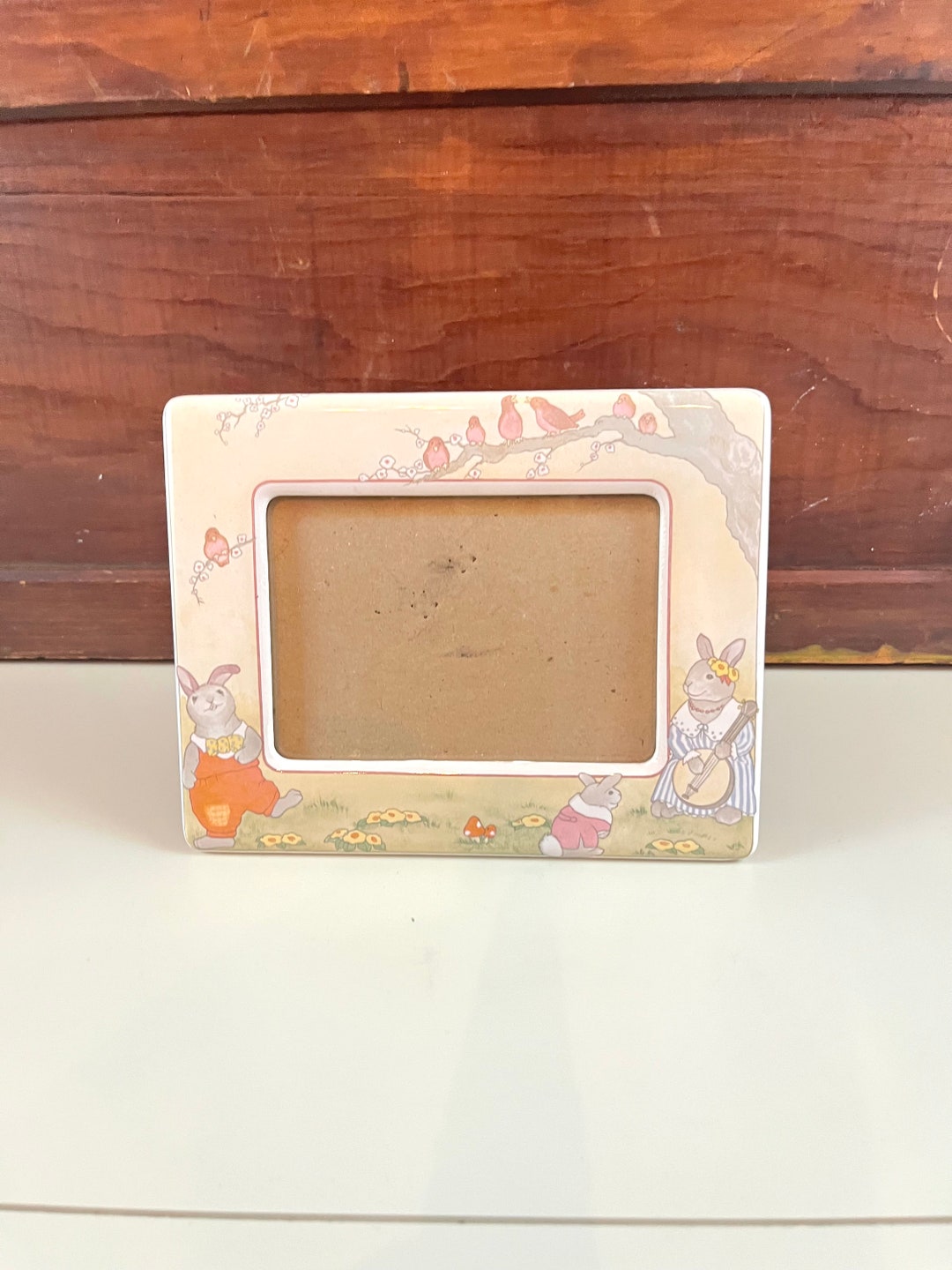 Vintage Bunnies Baby Picture Frame Terragraphics 1987 Porcelain Holds 3 ...