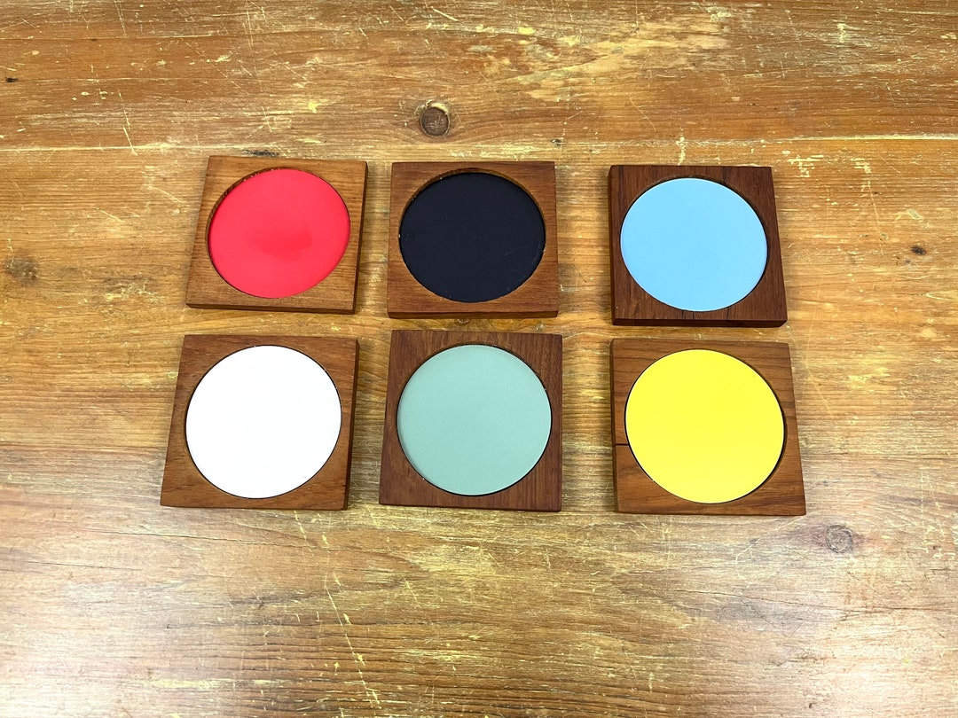 Mid Century Teak Wood Coasters Bright Colored Drink Coasters - Etsy